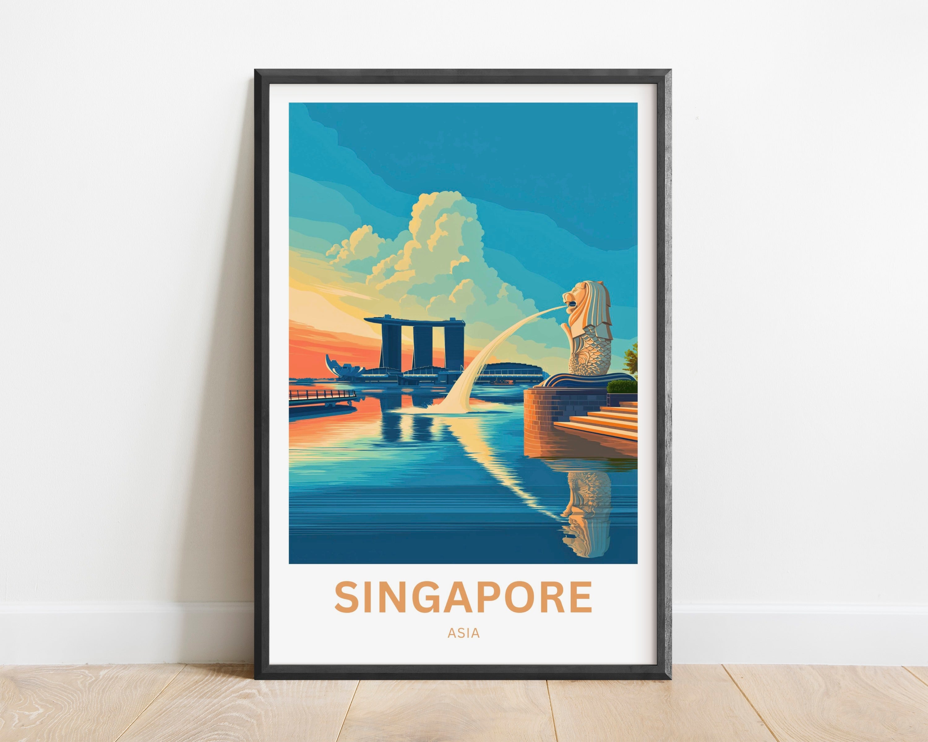 Singapore Travel Poster - Captivating Merlion VIew and Marina Bay ...